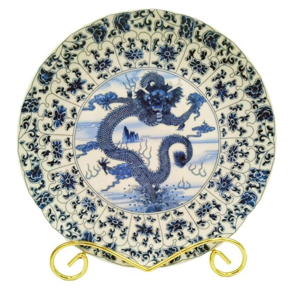 Accents | Vintage Dragon And Flowers Plate Blue White Porcelain 1 ...